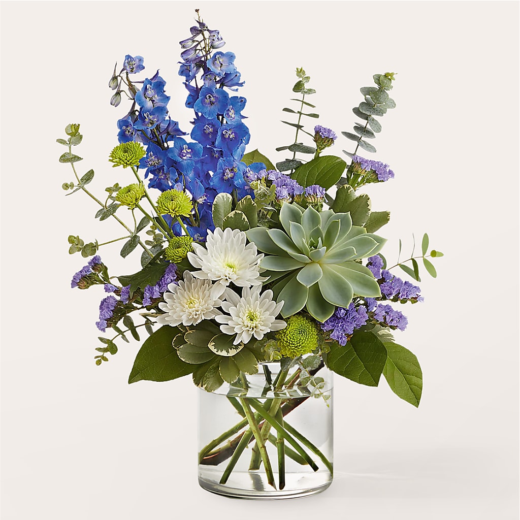 Cerulean Waves Bouquet – blue, green, white flower arrangement ...