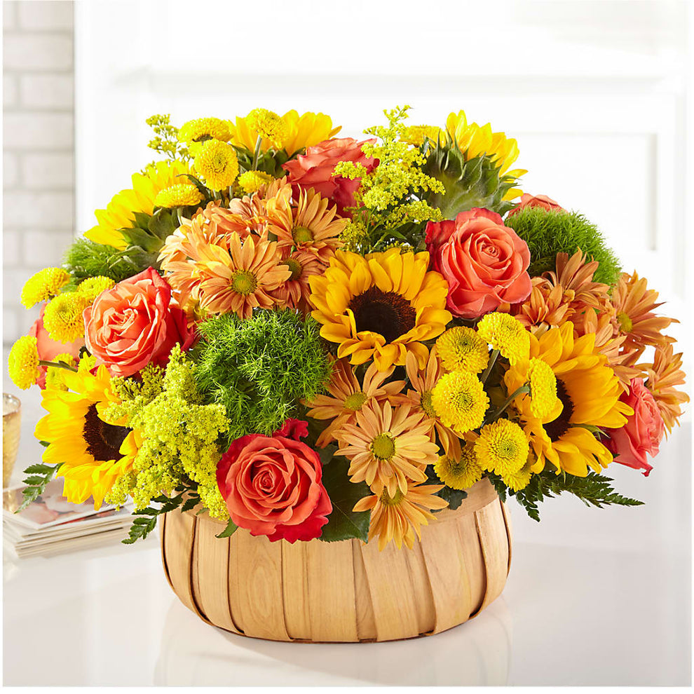 Harvest Sunflower Basket – green, orange flower arrangement ...